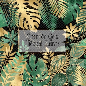 Green and Gold Tropical Leaves Clipart, Gold Foil Tropical Leaf PNG ...
