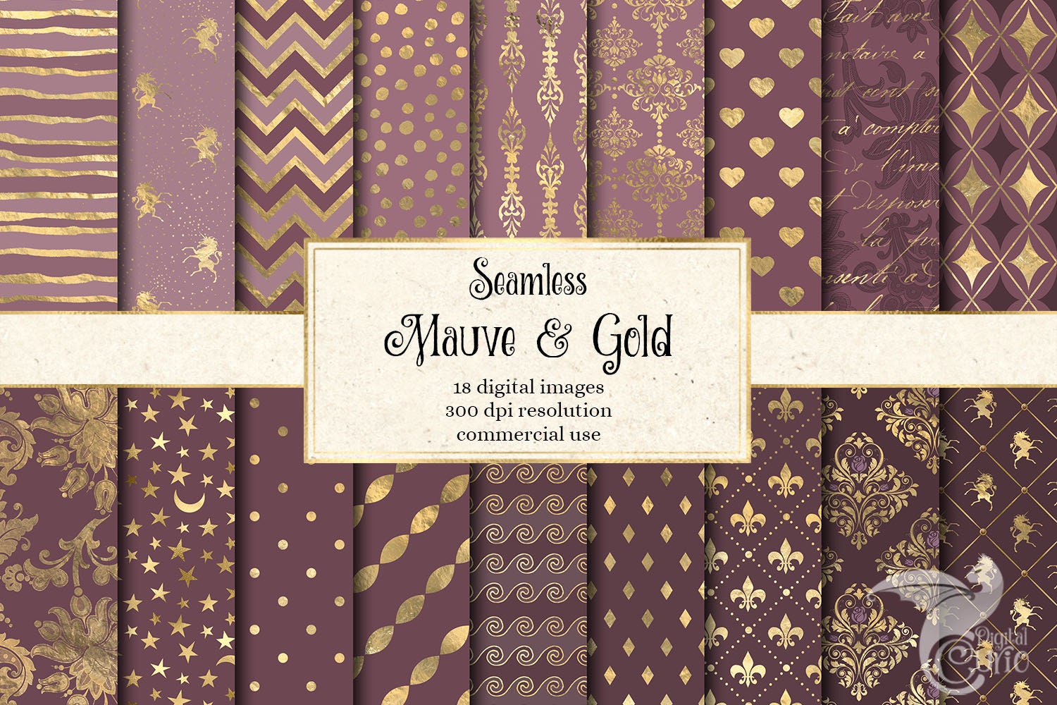 Mauve and Gold Digital Paper seamless patterns with purple | Etsy