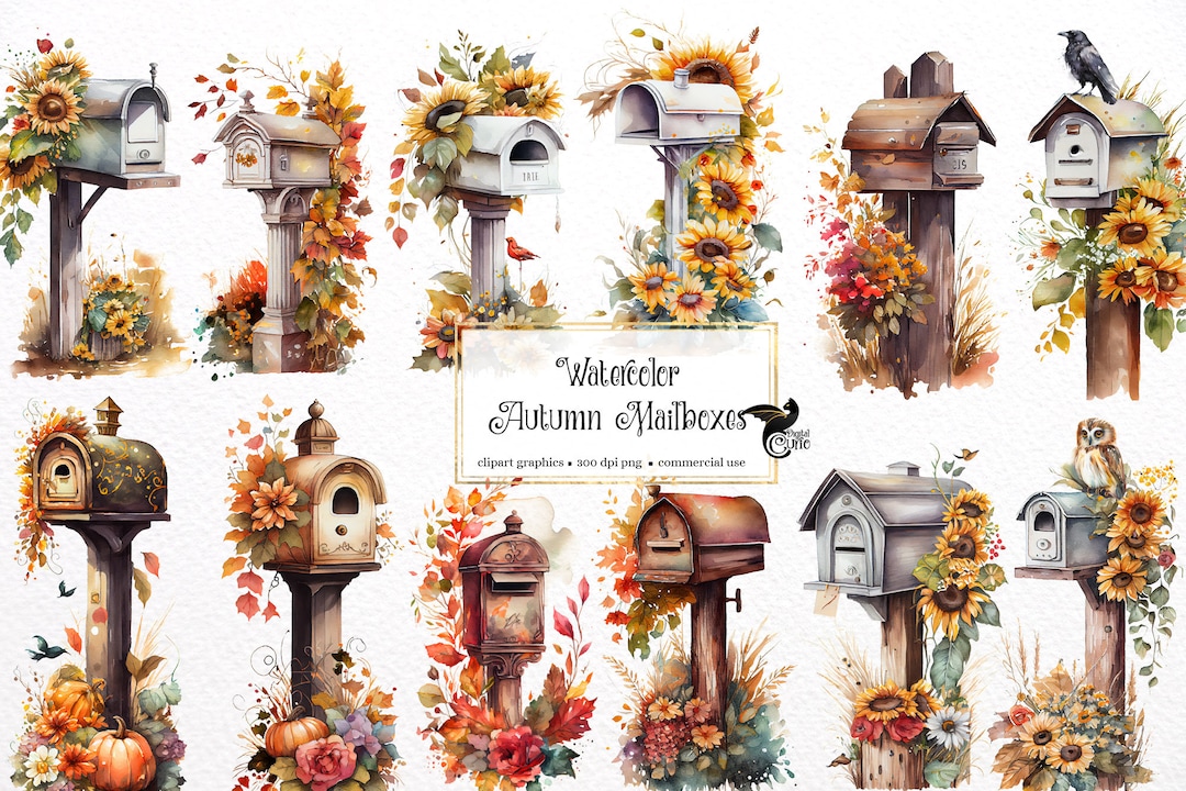 Watercolor Autumn Mailboxes Clipart - Cute Rustic Floral Post Boxes in ...