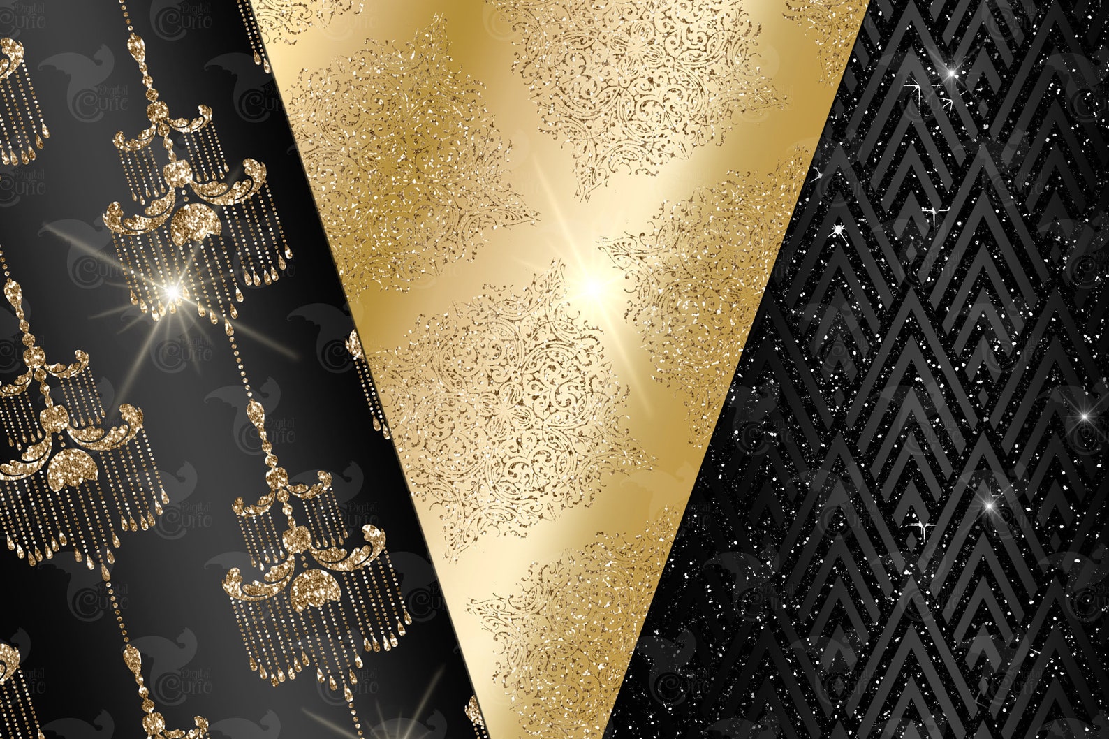Black and Gold Diamond Sequin Digital Paper, Glam Glitter Textures ...