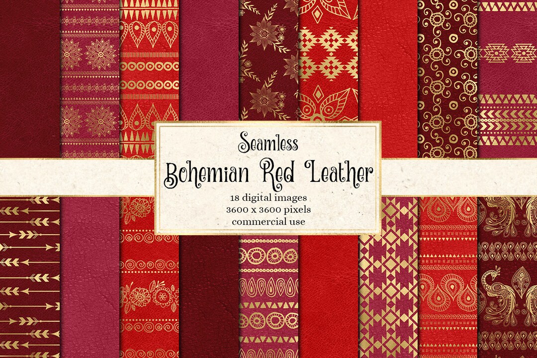Bohemian Red Leather Digital Paper, Seamless Leather Textures With Gold ...