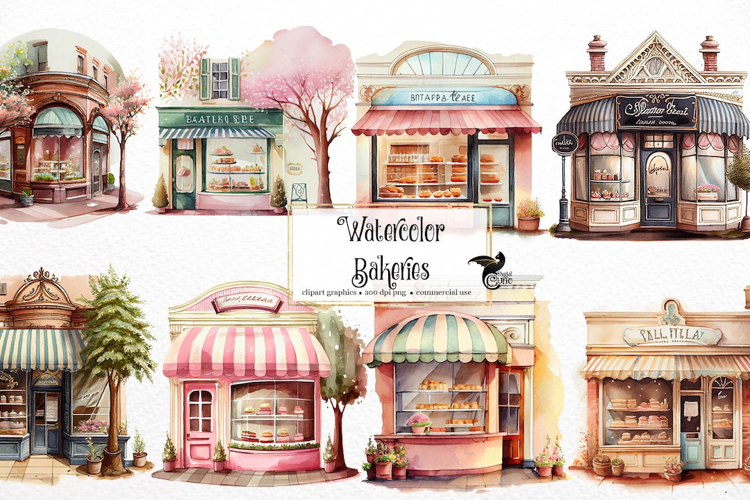 Watercolor Bakery Storefronts Clipart - Cute Bakery Shop Cafe PNG ...