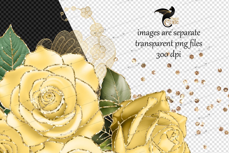 Yellow Gold Rose Clip Art, Glitter Flower Embellishments (digital ...