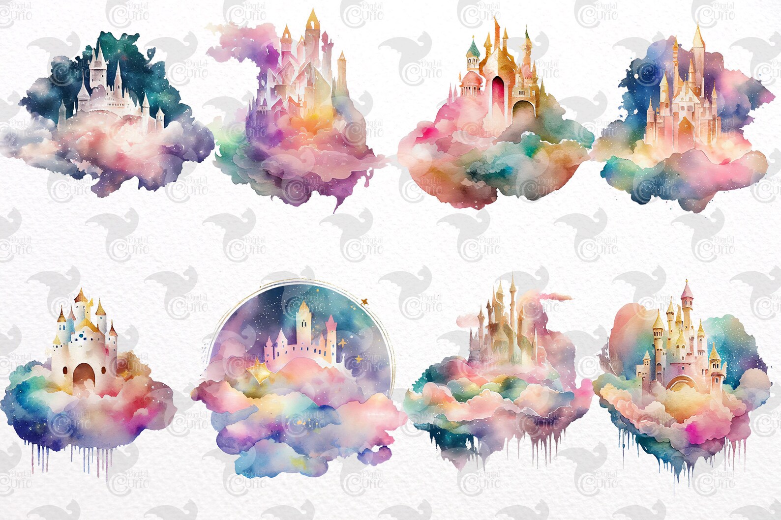 Watercolor Sky Castles Clipart Fantasy Sky Palace Watercolor PNG Format ...