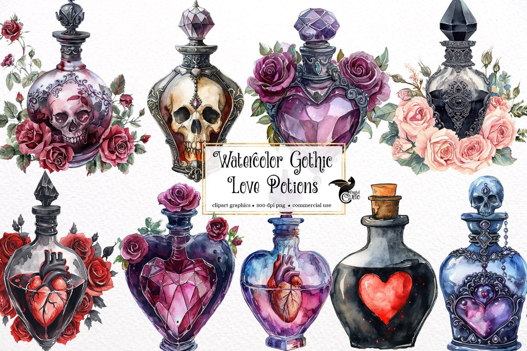 Watercolor Gothic Love Potions Clipart - Watercolor Valentine Magic ...