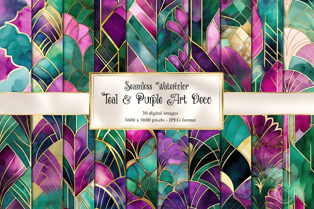 Watercolor Teal and Purple Art Deco - Seamless Printable Digital ...