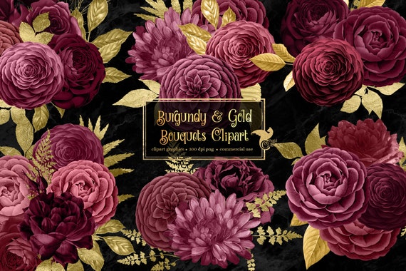 Burgundy and Gold Bouquets Clipart Digital Instant Download - Etsy