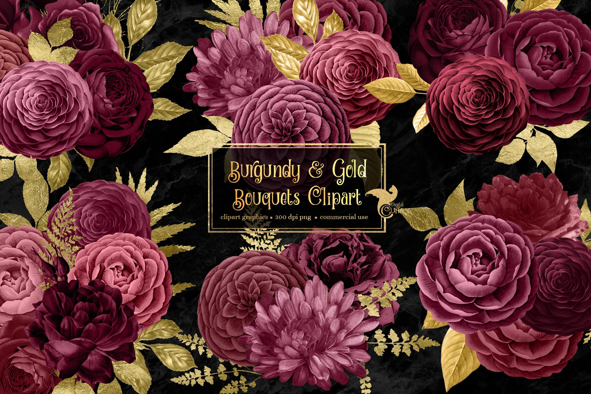 Burgundy and Gold Bouquets Clipart Digital Instant Download - Etsy UK