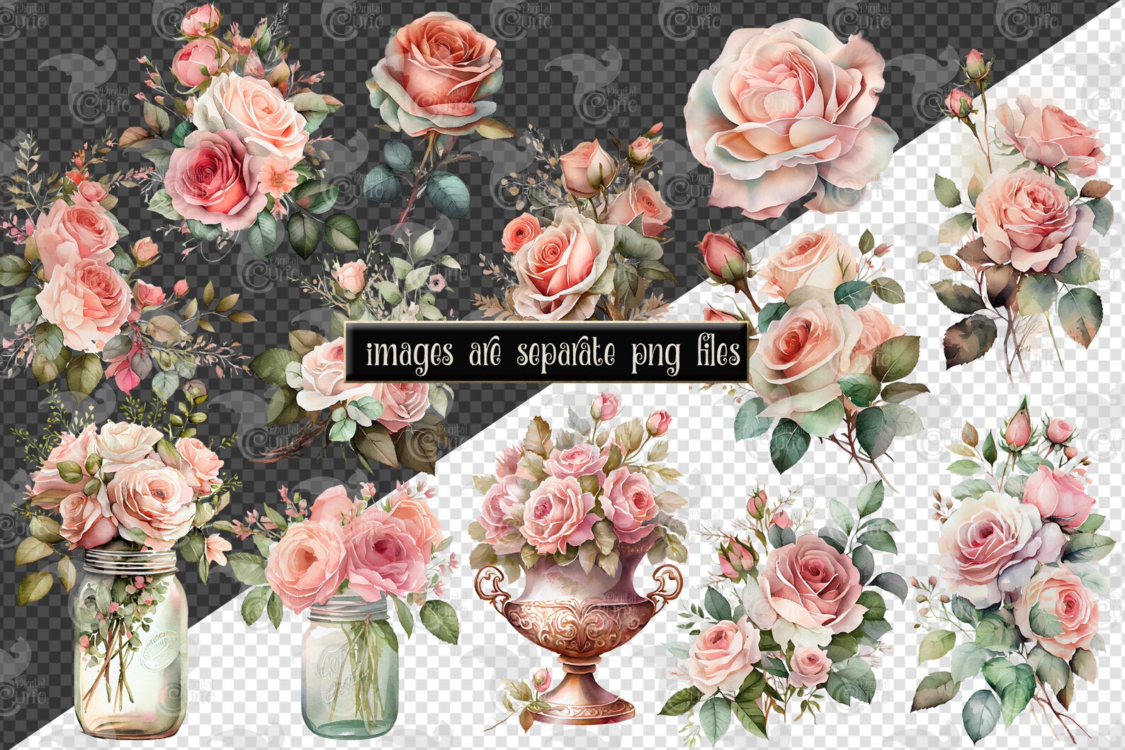 Watercolor Blush Pink Roses Clipart Pastel Roses and Leaves in PNG ...