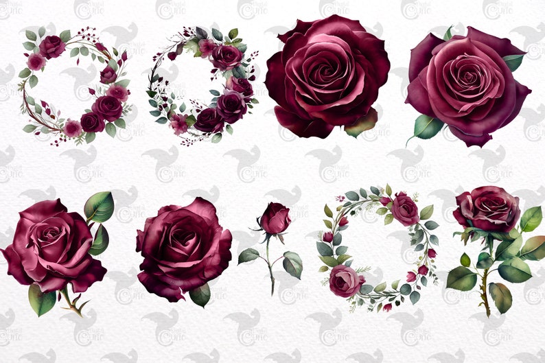 Watercolor Burgundy Roses Clipart Wine Red Roses and Leaves - Etsy
