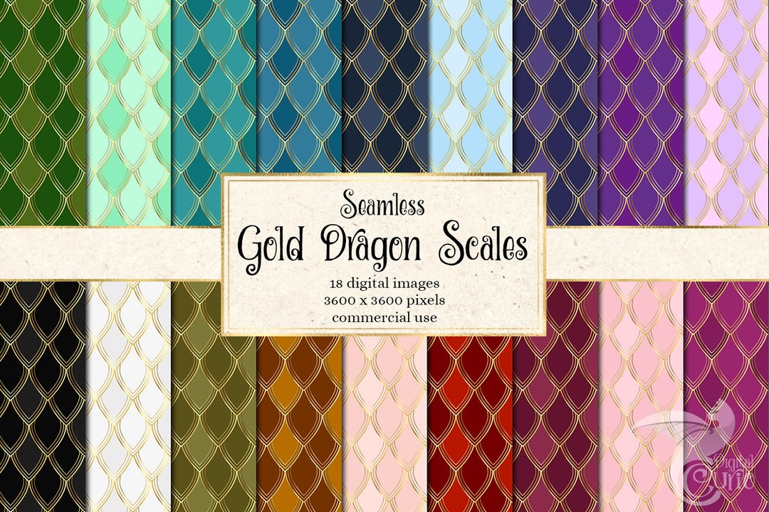Gold Dragon Scale Digital Paper, Seamless Scale Patterns in Gold and ...