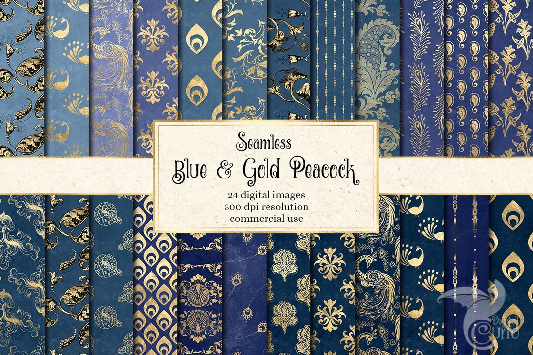 Blue and Gold Peacock Digital Paper, Seamless Gold Peacock Patterns ...