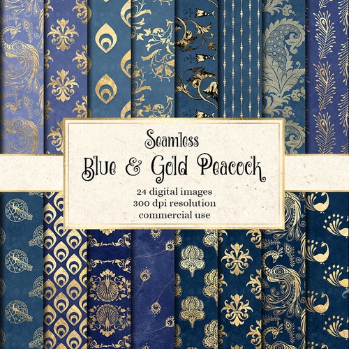 Blue and Gold Damask Digital Paper Seamless Damask Patterns - Etsy