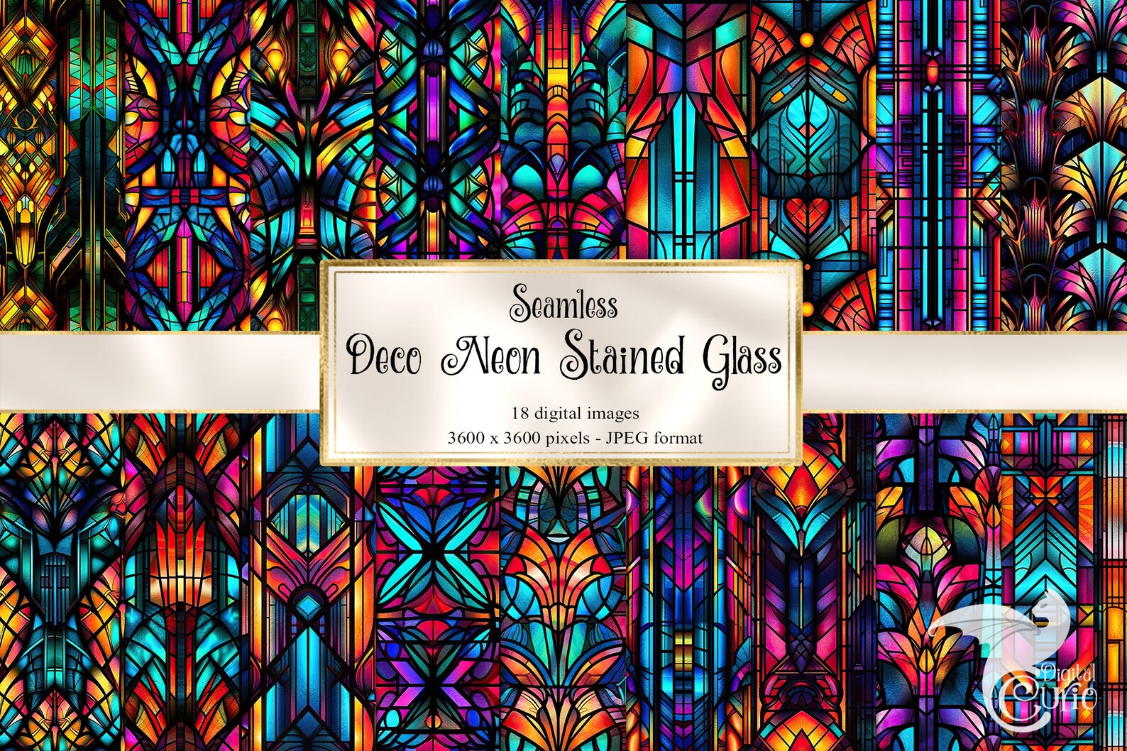 Deco Neon Stained Glass Digital Paper, Seamless Textures (digital ...