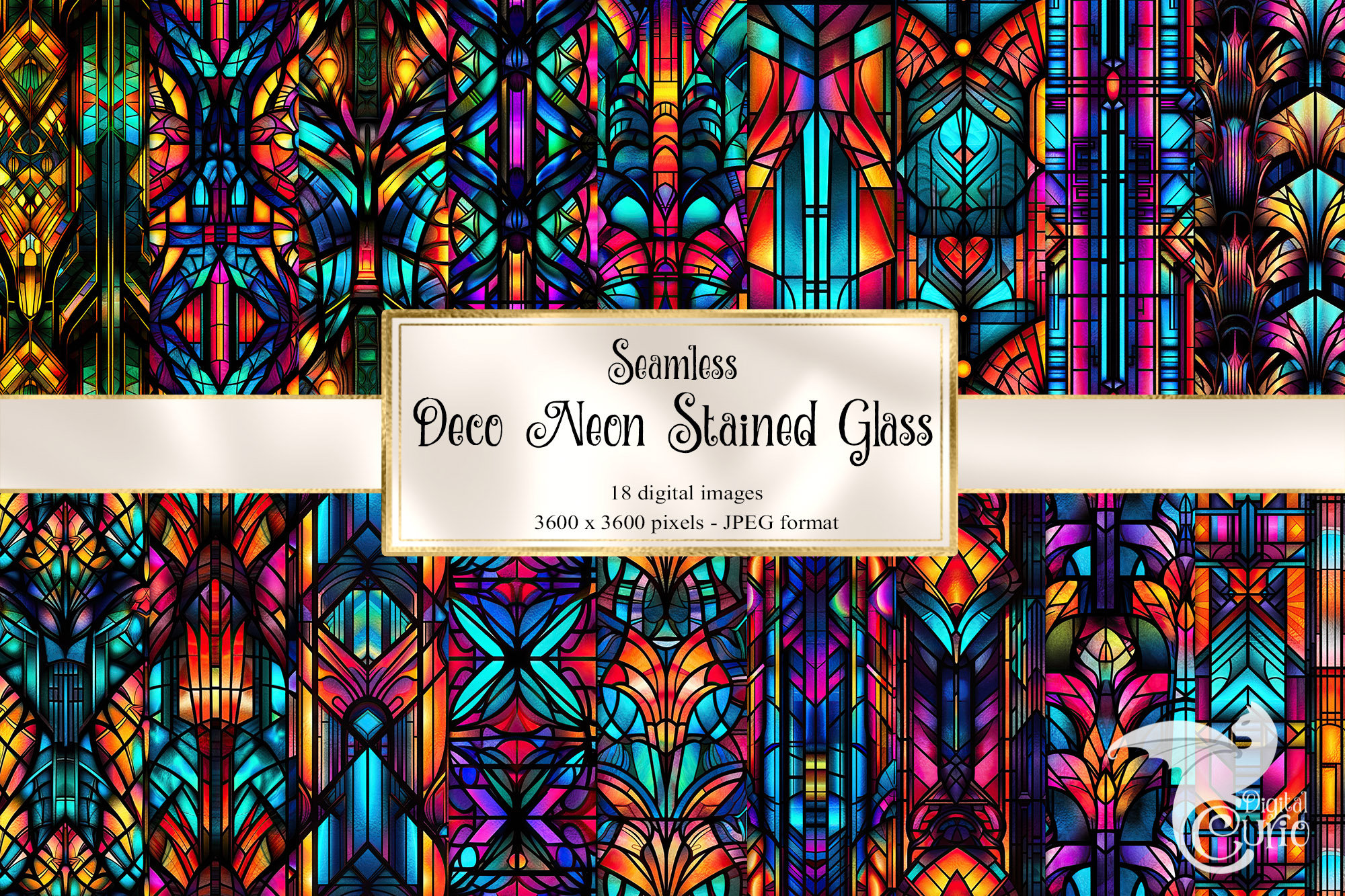 Deco Neon Stained Glass Digital Paper, Seamless Textures (digital ...