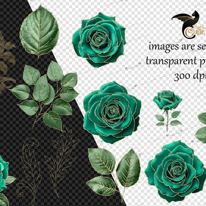 Emerald and Gold Glam Rose Clip Art, Digital Instant Download Glitter ...