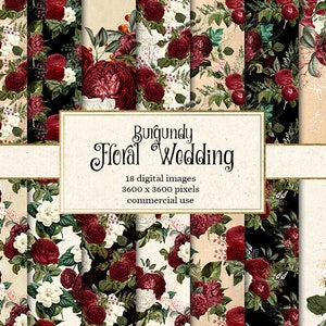 Burgundy Floral Wedding Digital Paper, Scrapbook Backgrounds (digital ...