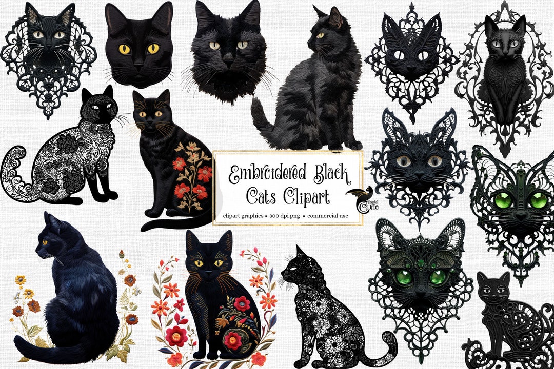 Embroidered Black Cats Clipart - Autumn Cute Cats PNG Format Instant ...
