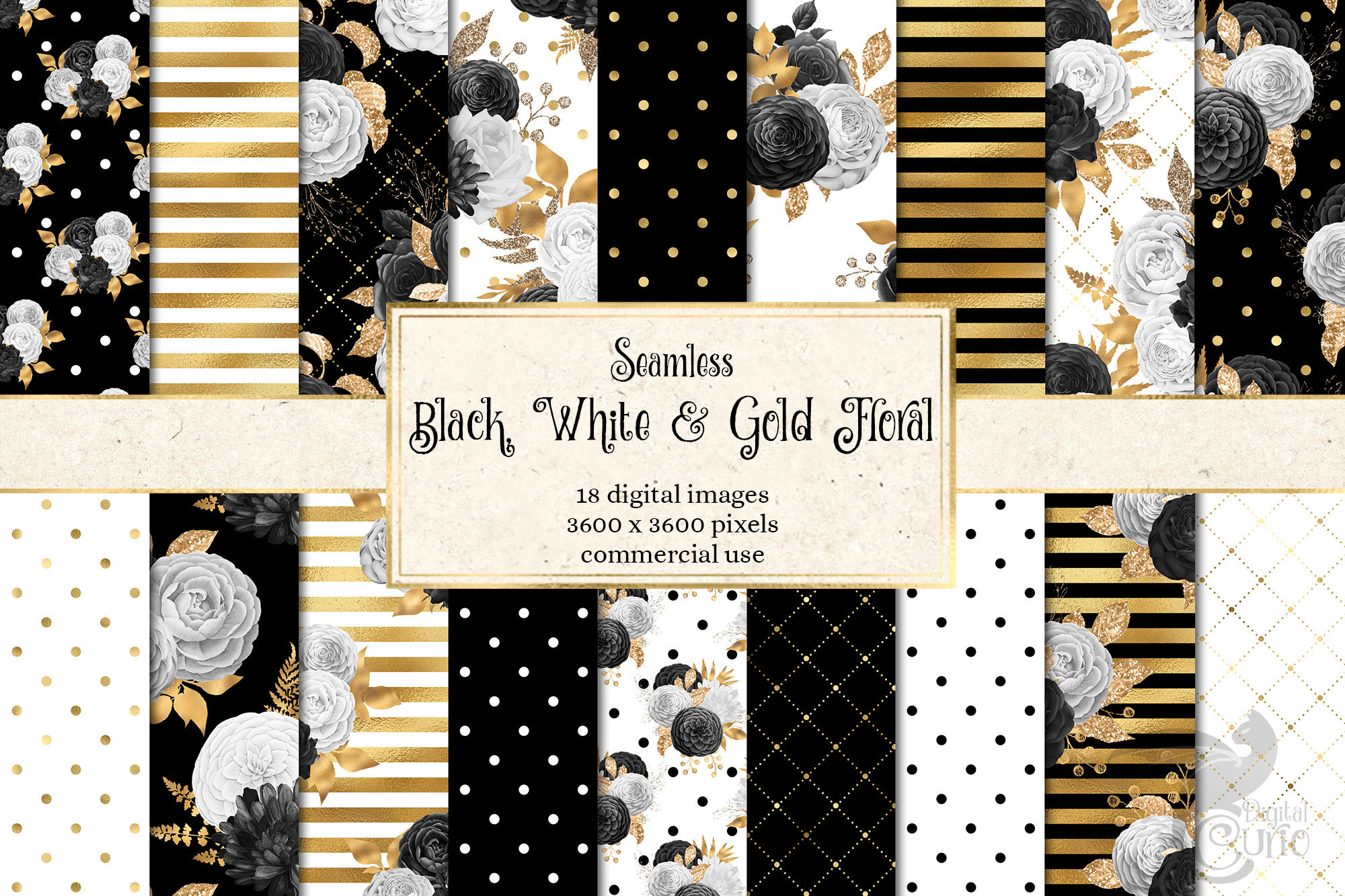 Black White and Gold Floral Digital Paper Seamless Rose - Etsy