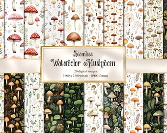 Watercolor Mushroom Digital Paper, Seamless Woodland Art Paper, Forest ...