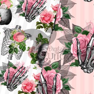 Pink Floral Skulls Digital Paper, Seamless Gothic Skull Patterns With ...
