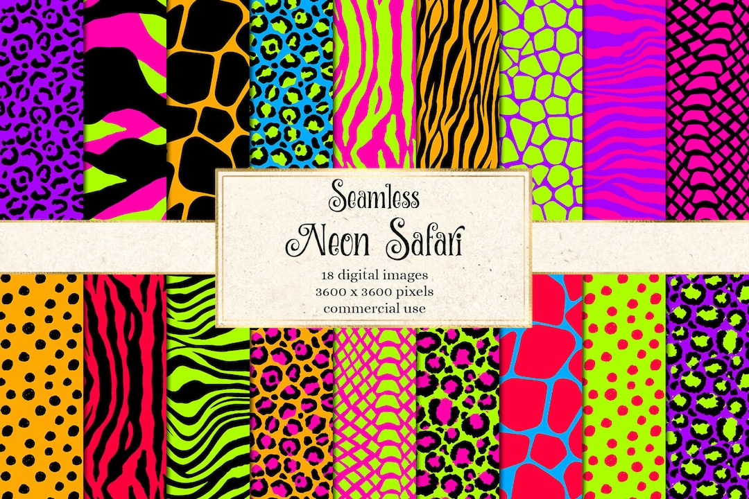 Neon Safari Digital Paper, Seamless Animal Skin Patterns With Tiger ...