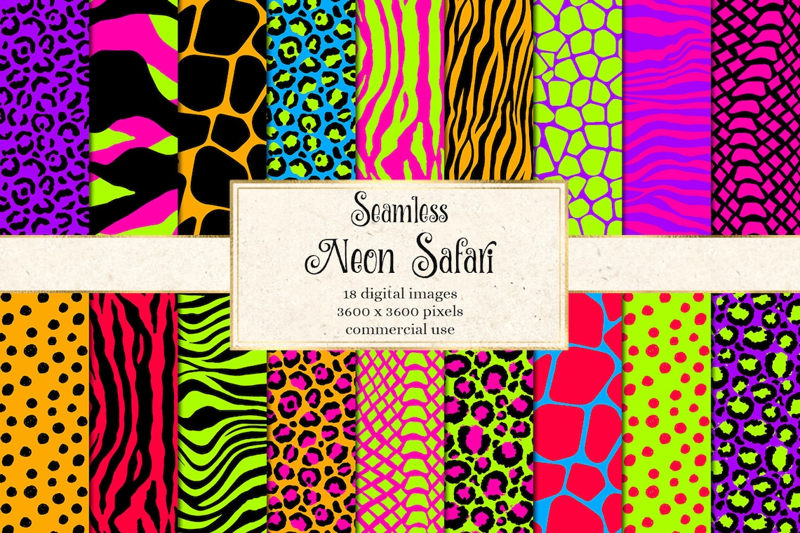 Neon Safari Digital Paper Seamless Animal Skin Patterns With | Etsy