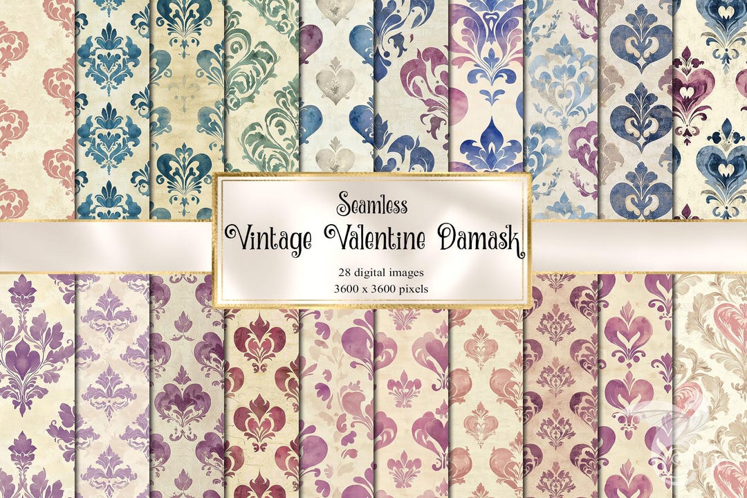 Vintage Valentine Damask Digital Paper, Seamless Heart Backgrounds ...