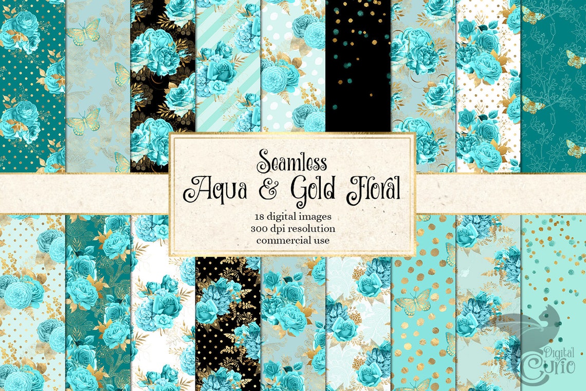 Aqua and Gold Floral Digital Paper, Watercolor Flower Backgrounds ...