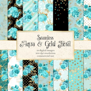 Aqua and Gold Floral Digital Paper, Teal and Gold Printable Scrapbook ...