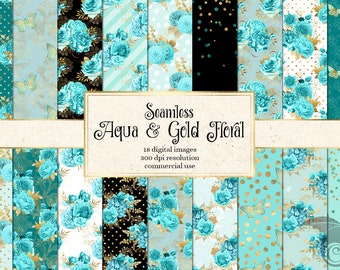 Printable Teal and Silver Floral Digital Papers Turquoise - Etsy Canada