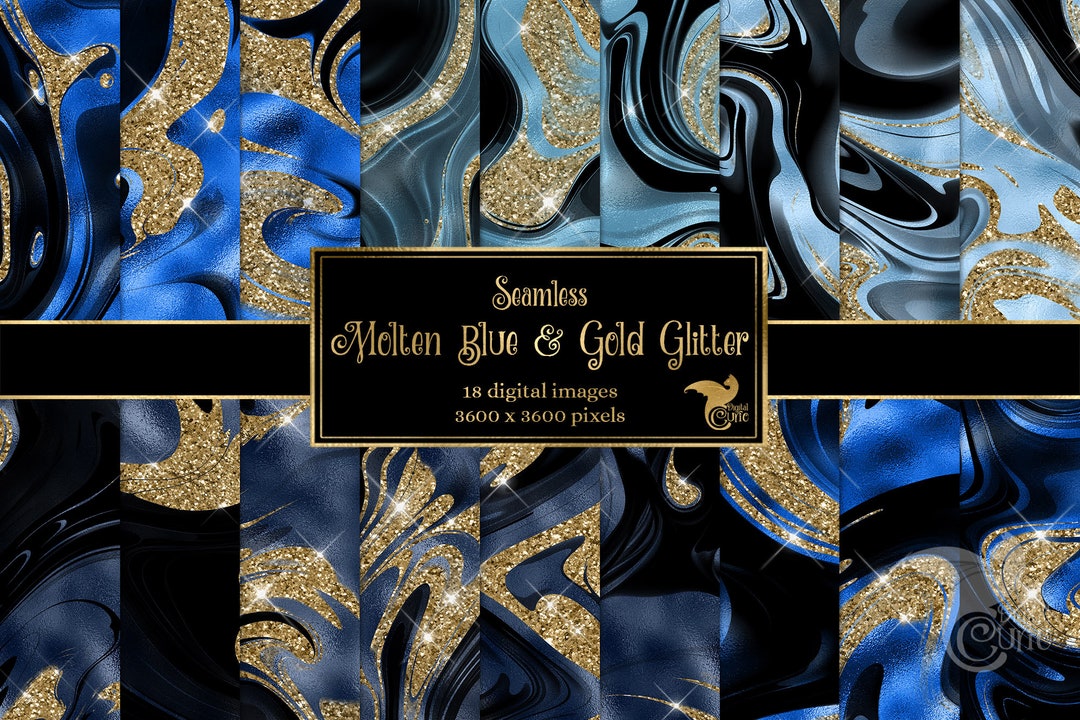 Molten Blue and Gold Glitter Digital Paper, Liquid Copper Foil and Gold ...