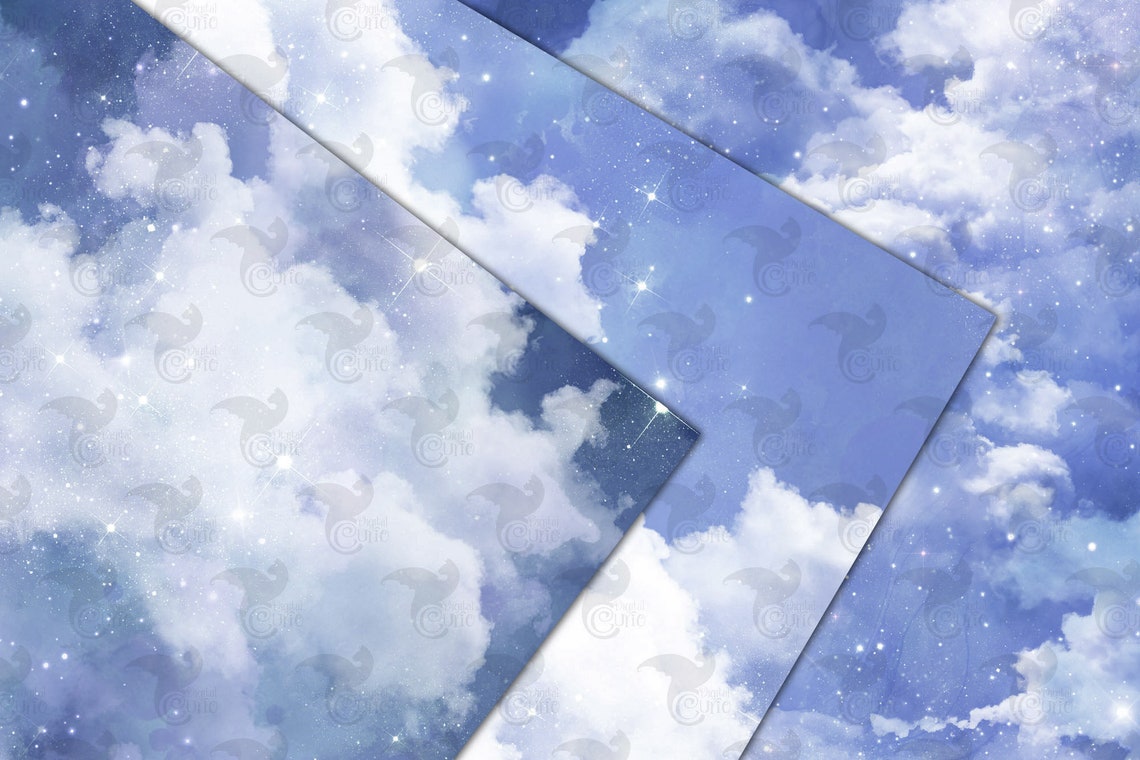 Blue Cloudy Skies Digital Paper - Stars and Clouds Galaxy Background ...