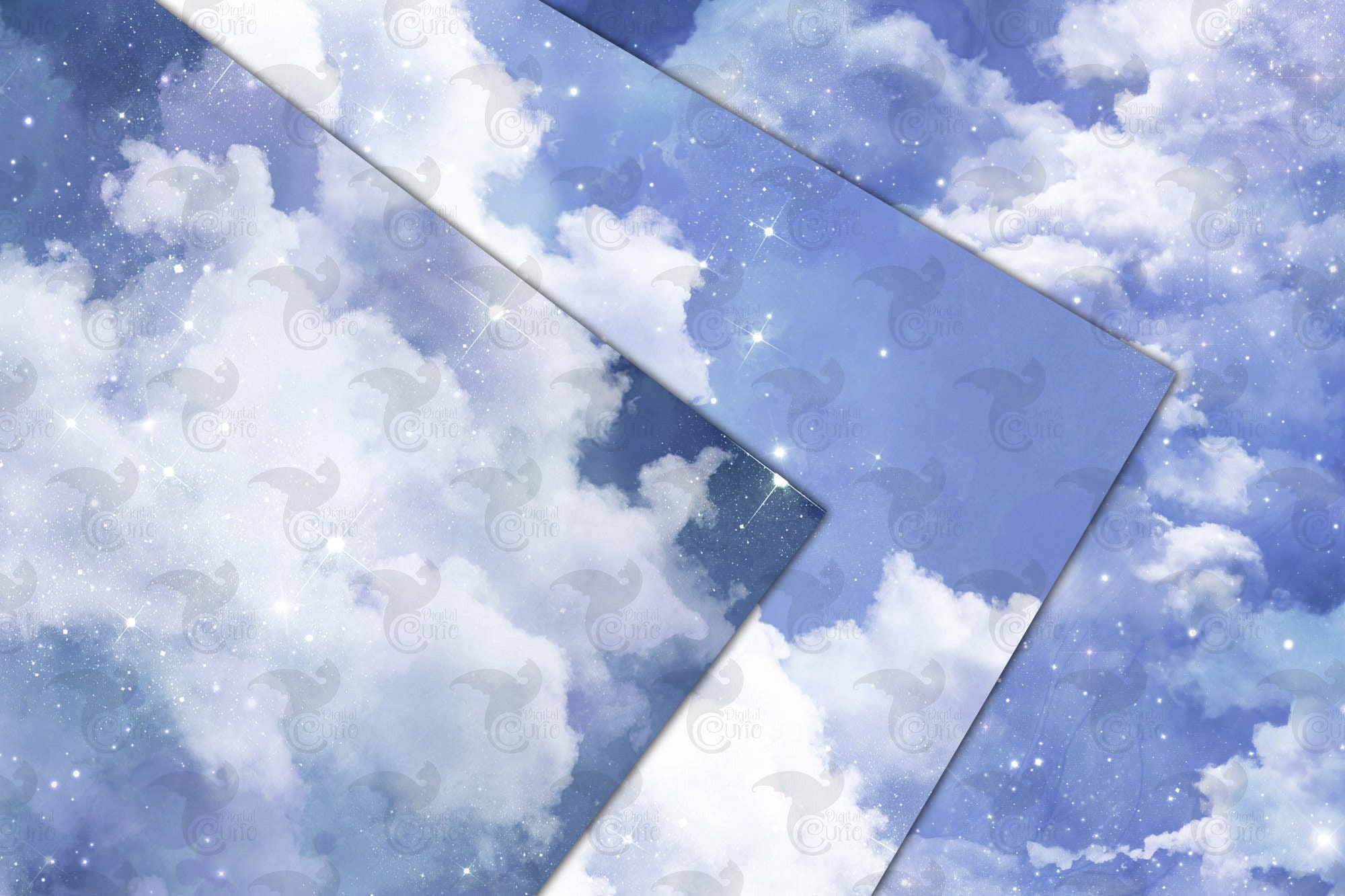 Blue Cloudy Skies Digital Paper - Stars and Clouds Galaxy Background ...