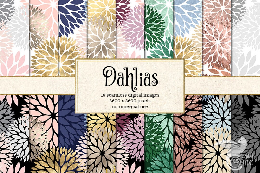 Dahlia Digital Paper, Seamless Dahlia Patterns, Rose Gold Dahlias Gold ...