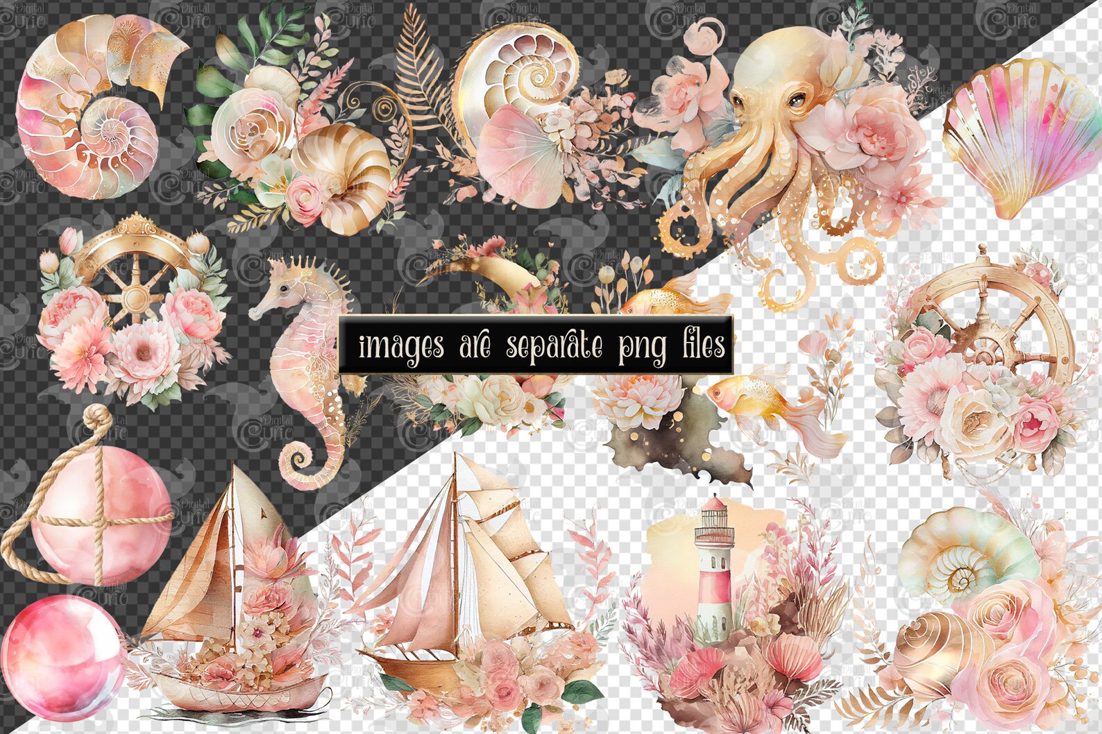 Watercolor Boho Nautical Clipart - Ocean Beach Wedding PNG Format ...