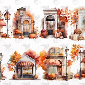 Watercolor Autumn Storefronts Clipart – Fall Shops PNG (digital ...