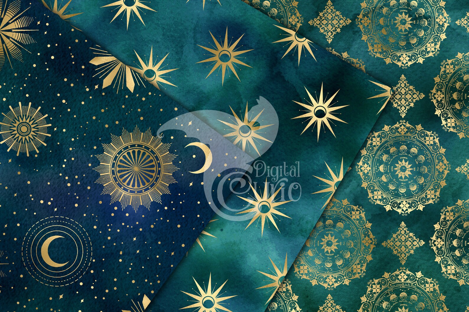 Dark Fantasy Watercolor Digital Paper – Celestial Gold Foil (seamless ...