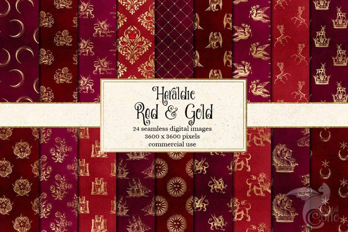 Heraldic Red and Gold Digital Paper Seamless Patterns | Etsy