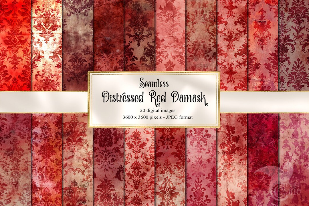 Distressed Red Damask Digital Paper, Seamless Rustic Vintage Textured ...