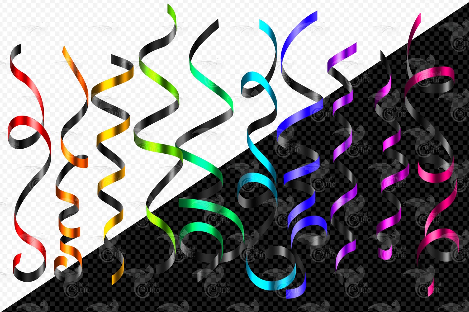 Neon Ribbon Clip Art curling ribbons in png format instant | Etsy