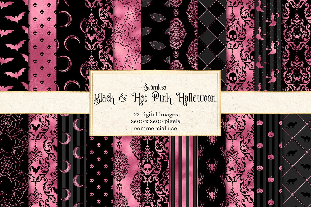 Black and Hot Pink Halloween Digital Paper, Seamless Witch and Skull ...