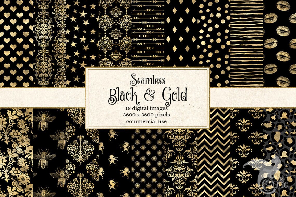 Black and Gold Digital Paper, Seamless Foil Backgrounds (digital ...