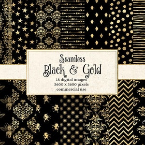 Black and Gold Digital Paper, Seamless Gold Foil Backgrounds, Gold ...