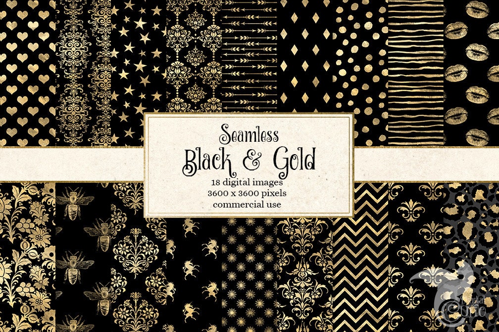 Black and Gold Digital Paper, Seamless Foil Backgrounds (digital ...
