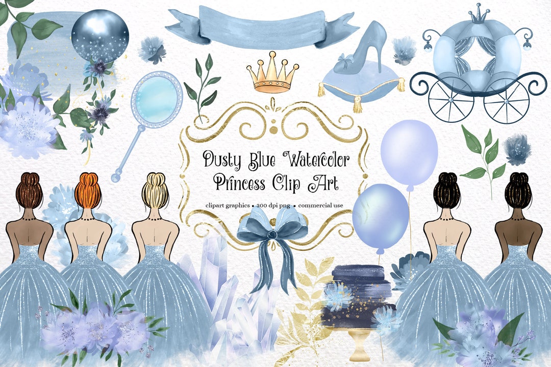 Dusty Blue Princess Watercolor Clipart – Glitter Couture Graphics ...