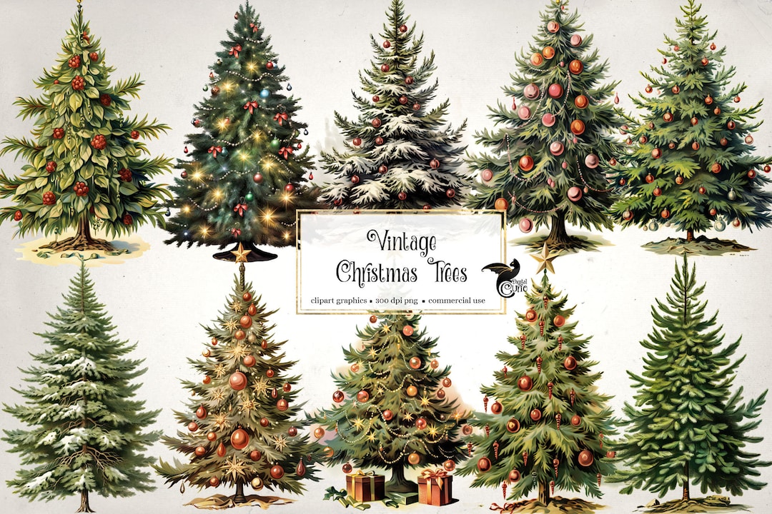 Vintage Christmas Trees Clipart - Antique Winter Holiday Clip Art in ...