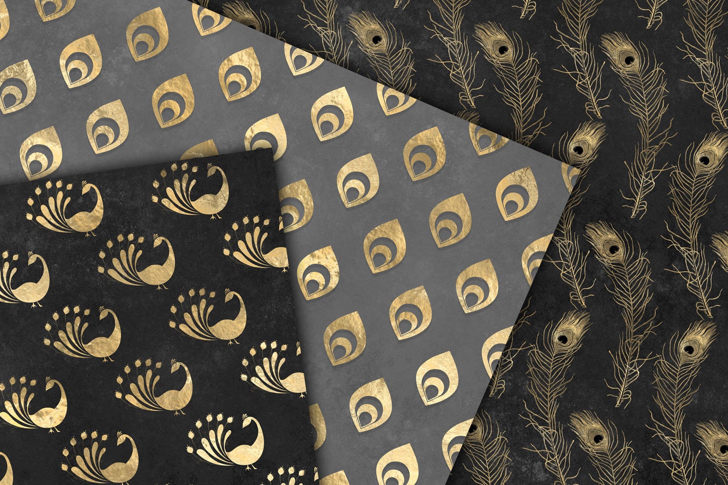 Black and Gold Peacock Digital Paper, Seamless Patterns (digital ...