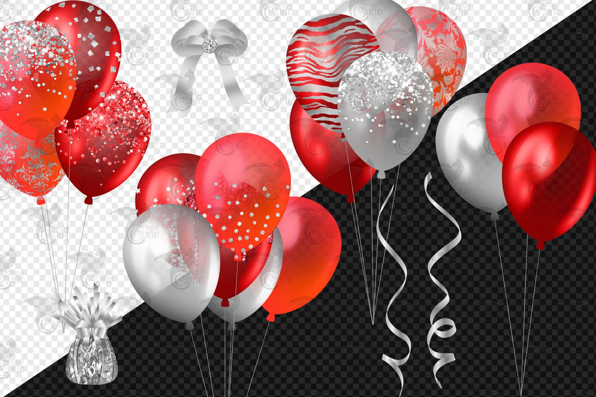 Red and Silver Balloons Clipart, Glitter Balloon Png Digital Overlays ...