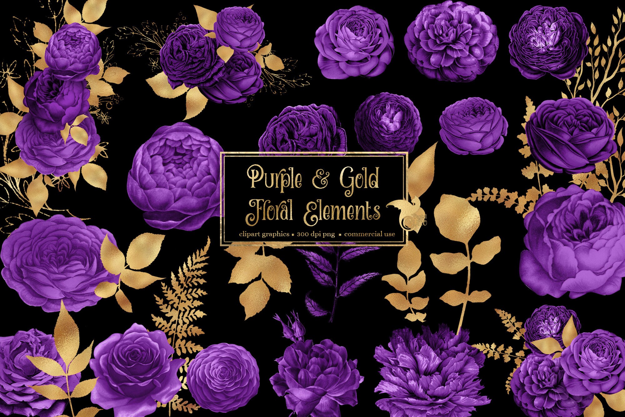Purple & Gold Rose Clipart – Floral Graphics, Commercial Use (PNG) - Etsy